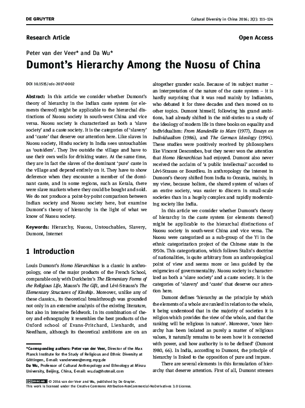 (PDF) Dumont’s Hierarchy Among the Nuosu of China | Peter van der Veer ...