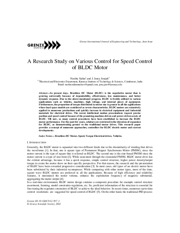 (PDF) A Research Study on Various Control for Speed Control of BLDC Motor