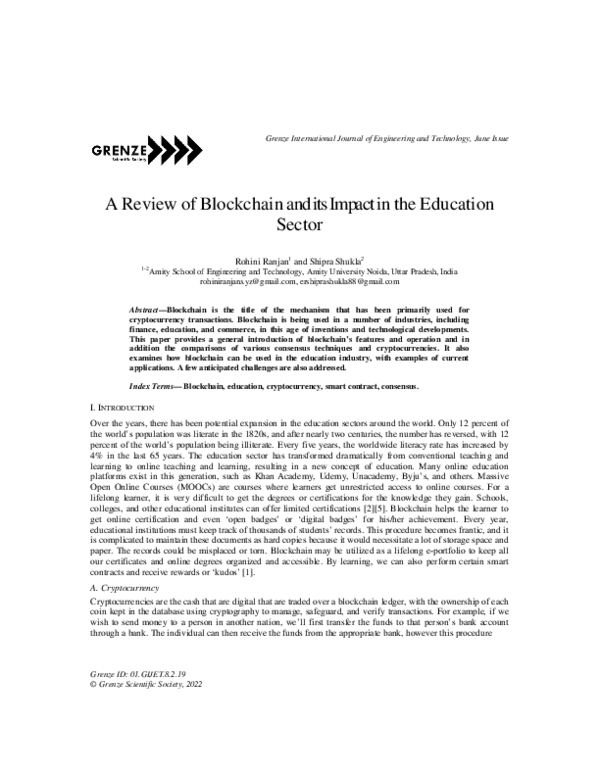 (PDF) A Review of Blockchain and its Impact in the Education Sector