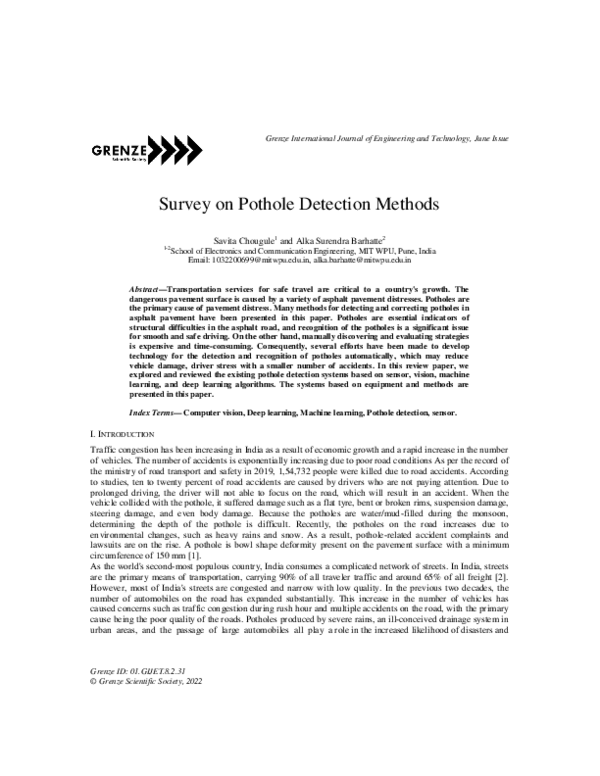Pdf Survey On Pothole Detection Methods