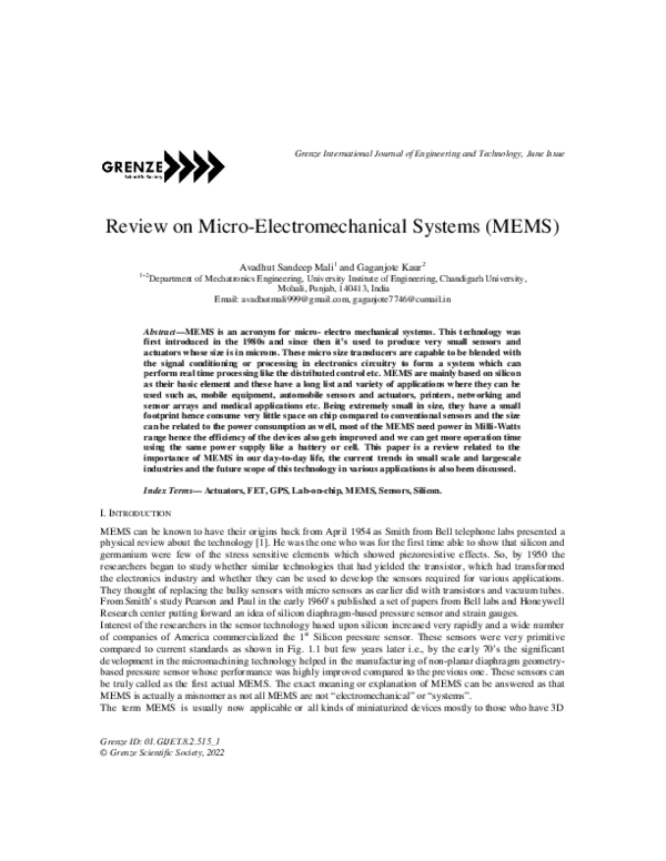 (PDF) Review on Micro-Electromechanical Systems (MEMS