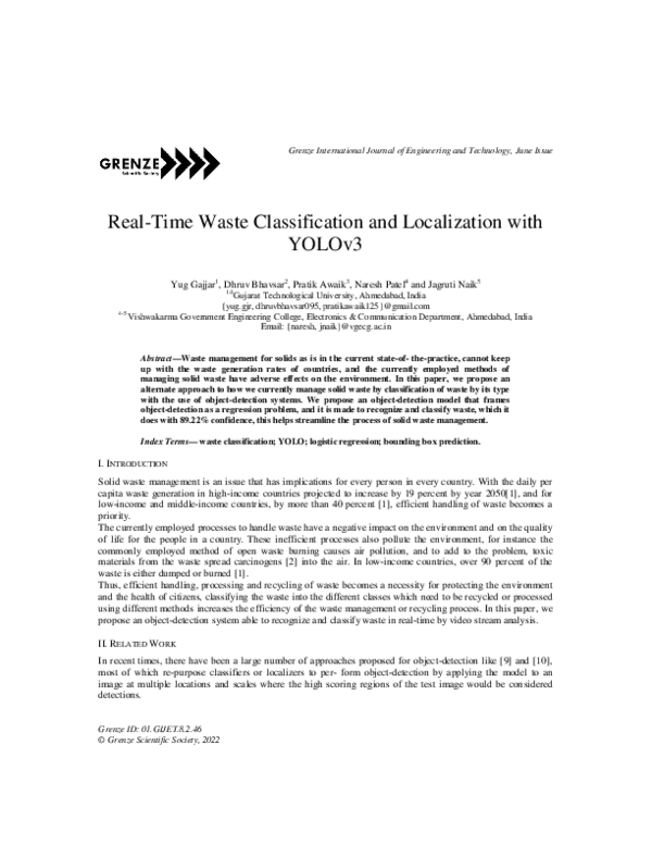 (PDF) Real-Time Waste Classification and Localization with YOLOv3