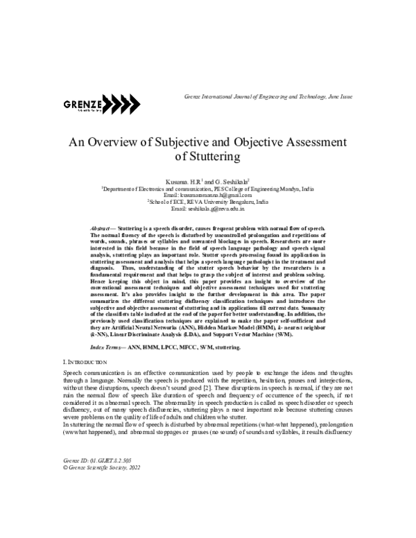 (PDF) An Overview of Subjective and Objective Assessment of Stuttering