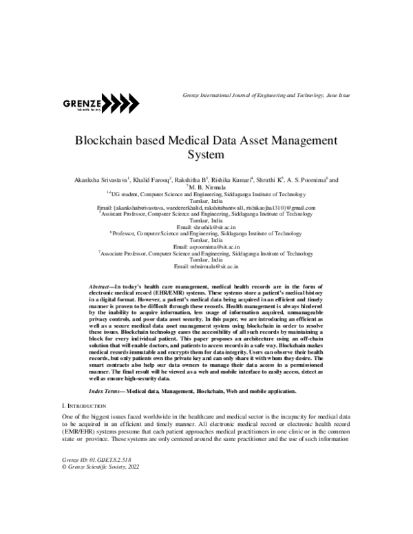 (PDF) Blockchain based Medical Data Asset Management System