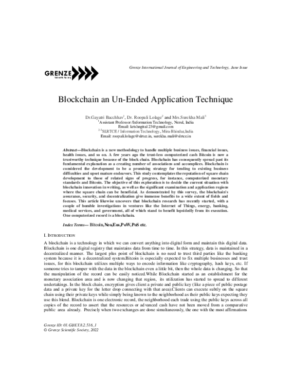 (PDF) Blockchain an Un-Ended Application Technique