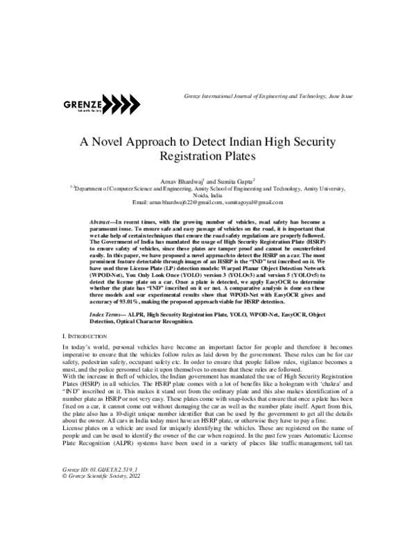 (PDF) A Novel Approach to Detect Indian High Security Registration Plates