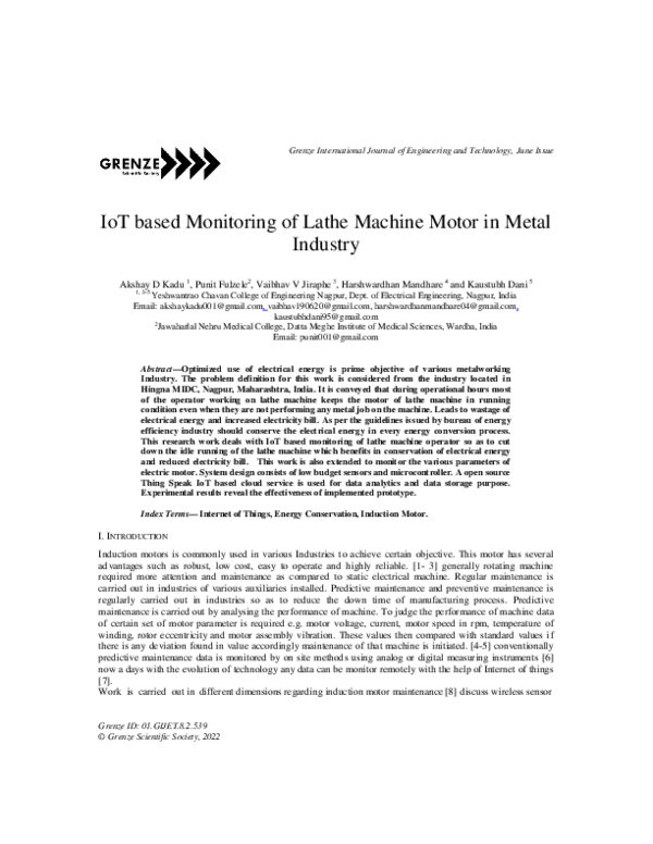 Pdf Iot Based Monitoring Of Lathe Machine Motor In Metal Industry