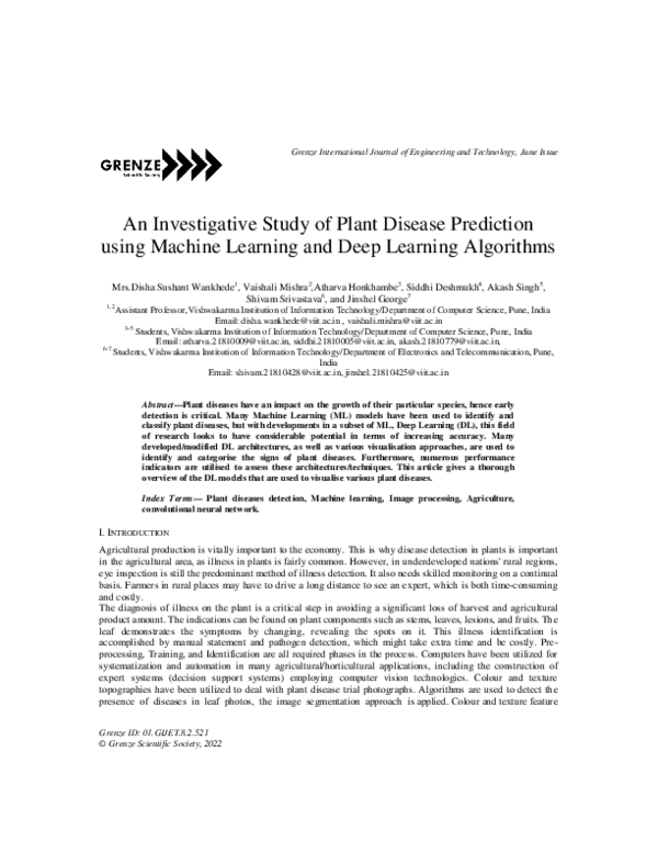 (PDF) An Investigative Study of Plant Disease Prediction using Machine ...