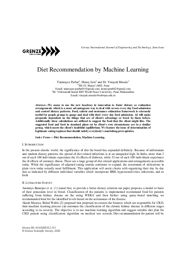 (PDF) Diet Recommendation by Machine Learning