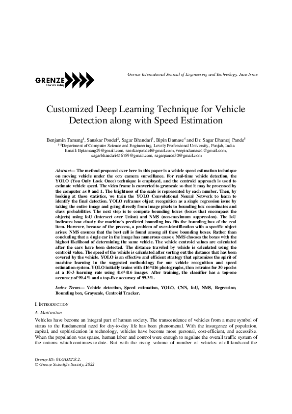 (PDF) Customized Deep Learning Technique for Vehicle Detection along with Speed Estimation