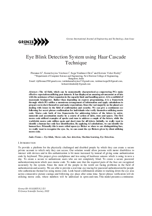 Pdf Eye Blink Detection System Using Haar Cascade Technique Grenze