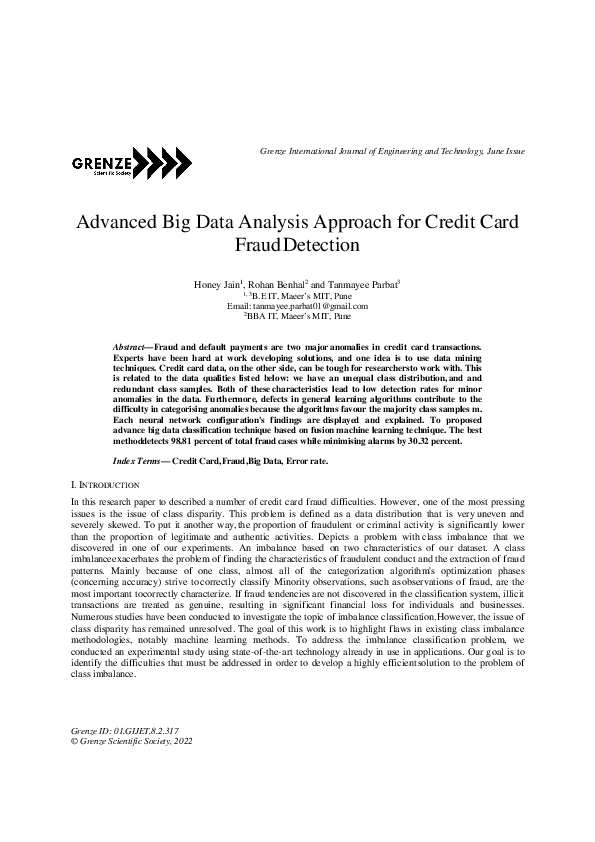 (PDF) Advanced Big Data Analysis Approach for Credit Card Fraud Detection
