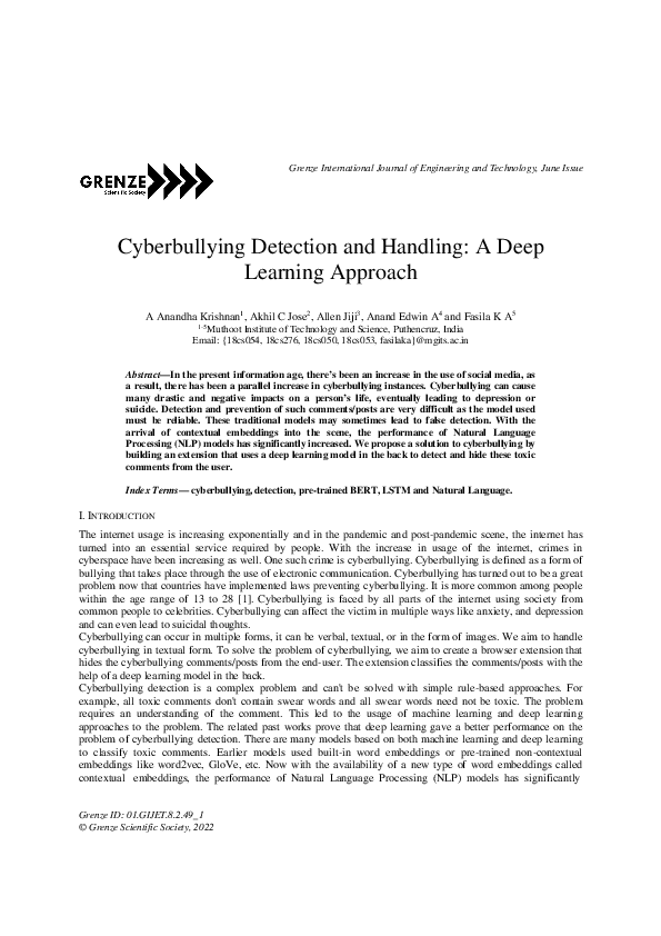 Pdf Cyberbullying Detection And Handling A Deep Learning Approach
