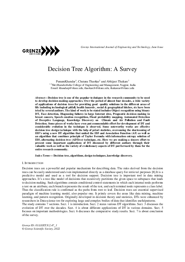 (PDF) Decision Tree Algorithm: A Survey (PDF) Decision Tree Algorithm: A Survey