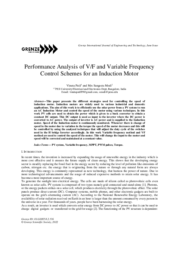 (PDF) Performance Analysis of V/F and Variable Frequency Control Schemes for an Induction Motor
