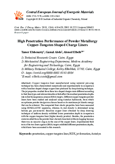 (PDF) High Penetration Performance of Powder Metallurgy Copper-Tungsten ...