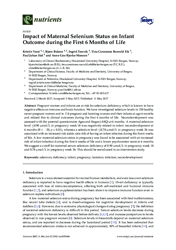 (PDF) Impact of Maternal Selenium Status on Infant Outcome during the First 6 Months of Life