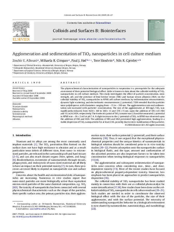 (PDF) Agglomeration and sedimentation of TiO2 nanoparticles in cell ...