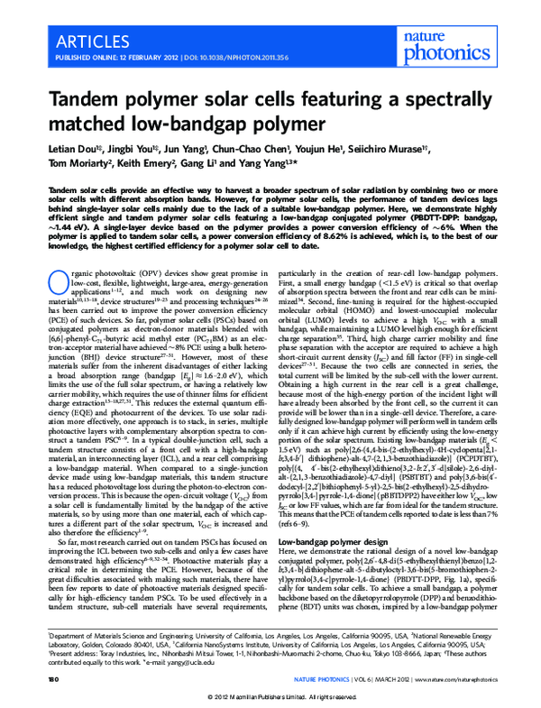 (PDF) Tandem polymer solar cells featuring a spectrally matched low-bandgap polymer