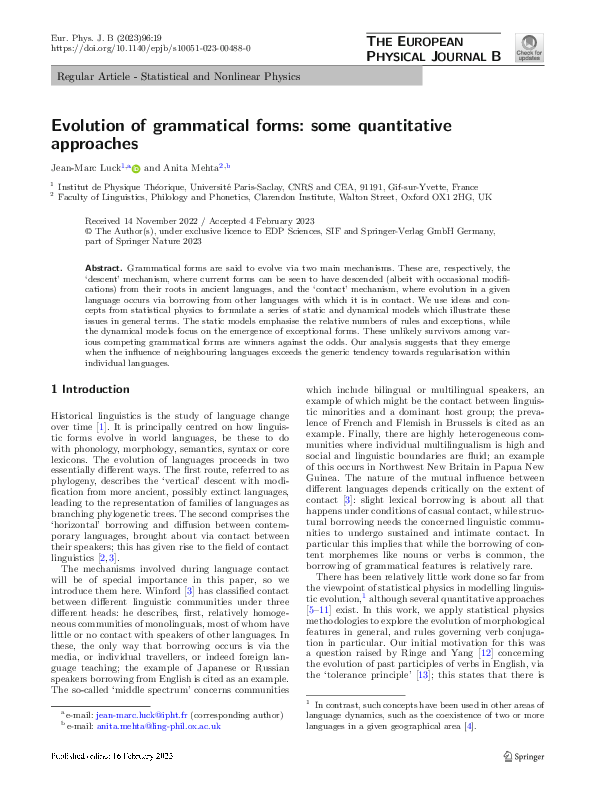 (PDF) Evolution of grammatical forms: some quantitative approaches