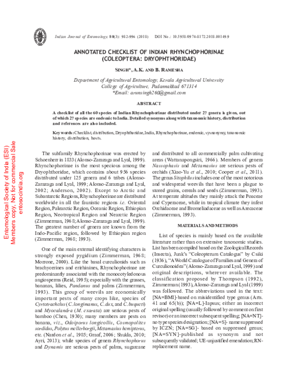 (PDF) ANNOTATED CHECKLIST OF INDIAN RHYNCHOPHORINAE (COLEOPTERA ...