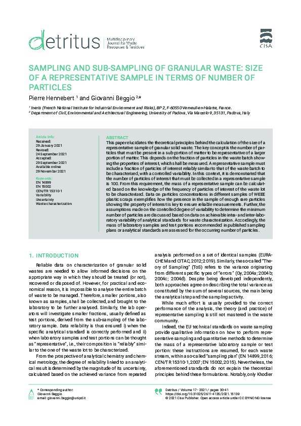 (PDF) Sampling and sub-sampling of granular waste: size of a ...