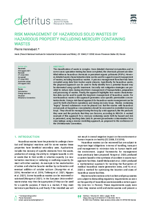 (PDF) Risk Management of Hazardous Solid Wastes by Hazardous Property ...