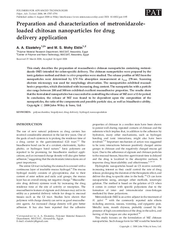 (PDF) Preparation and characterization of metronidazole-loaded chitosan ...