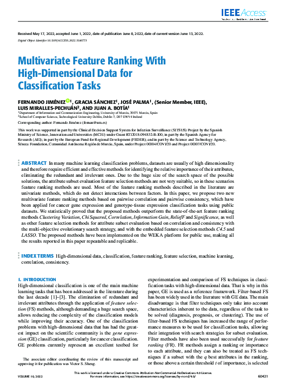(PDF) Multivariate Feature Ranking With High-Dimensional Data for Classification Tasks