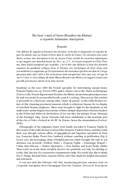 (PDF) The boar’s tusk of Istres (Bouches-du-Rhône): a Lepontic ...