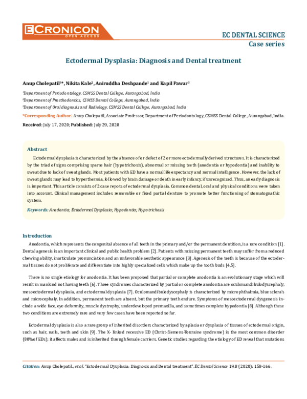 (PDF) Ectodermal Dysplasia: Diagnosis and Dental treatment