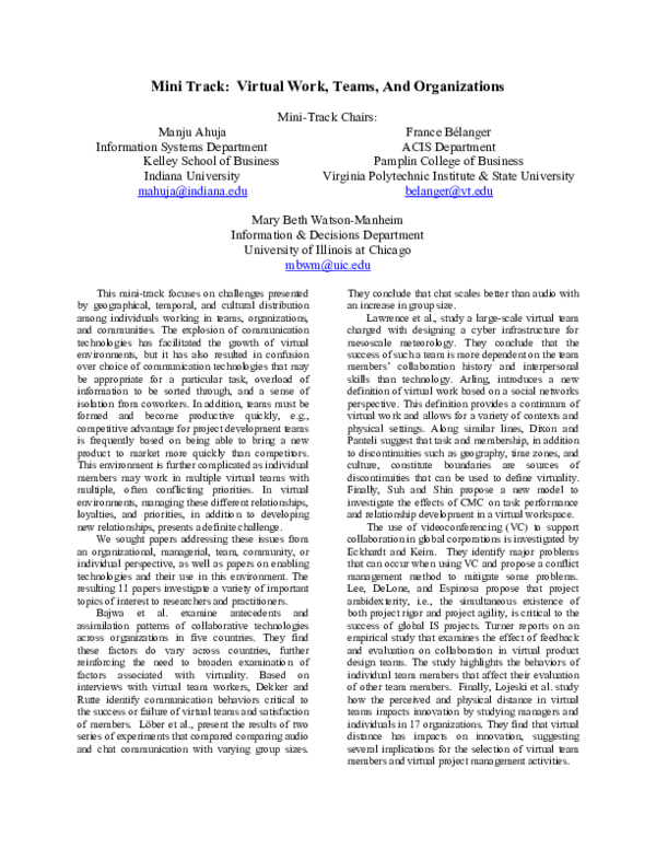 (PDF) Minitrack Introduction: Virtual Work, Teams, And Organizations