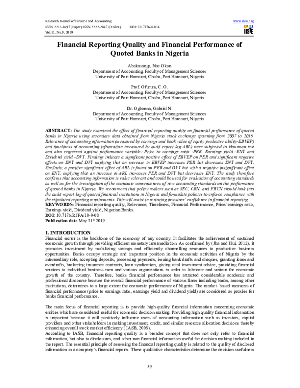 (PDF) Financial Reporting Quality and Financial Performance of Quoted ...