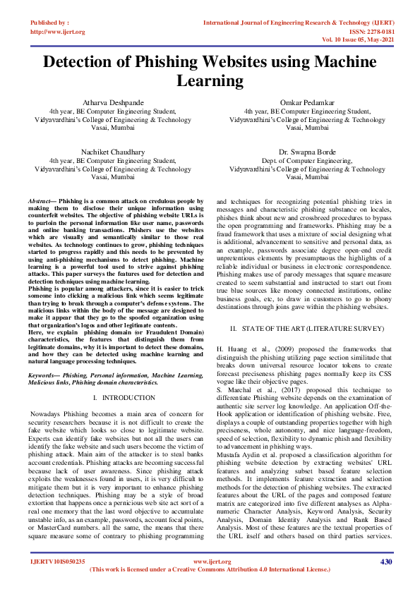 (PDF) Detection of Phishing Websites using Machine Learning