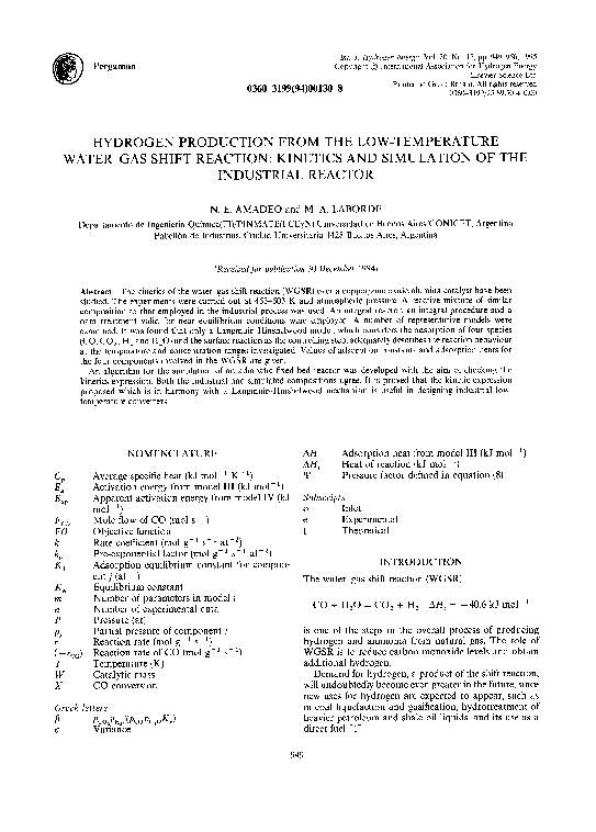 (PDF) Hydrogen production from the low-temperature water-gas shift ...