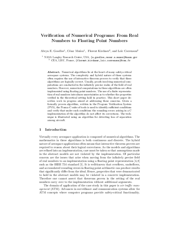 (PDF) Verification of Numerical Programs: From Real Numbers to Floating Point Numbers