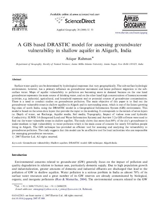 Pdf Gis Drastic Model For Groundwater Vulnerability