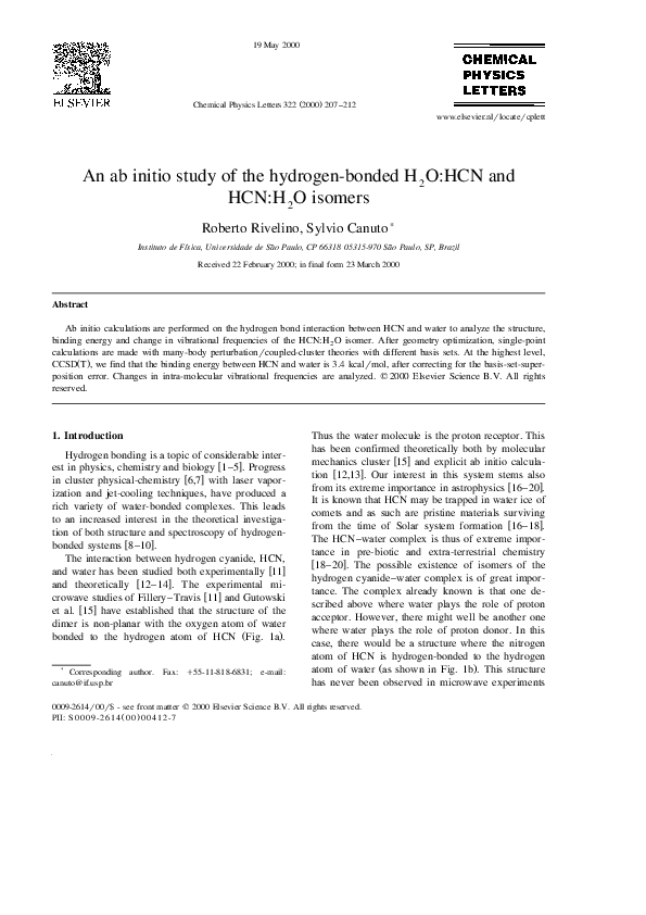 (PDF) An ab initio study of the hydrogen-bonded H2O:HCN and HCN:H2O isomers