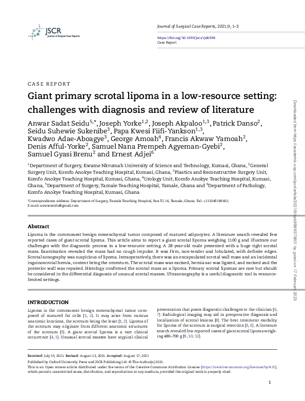 Pdf Giant Primary Scrotal Lipoma In A Low Resource Setting Challenges With Diagnosis And