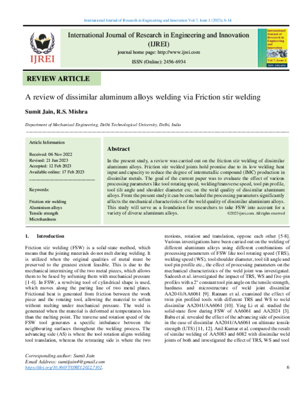 Pdf A Review Of Dissimilar Aluminum Alloys Welding Via Friction Stir Welding