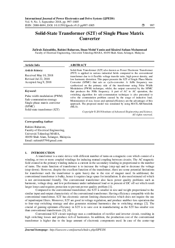 (PDF) Solid-State Transformer (S2T) of Single Phase Matrix Converter