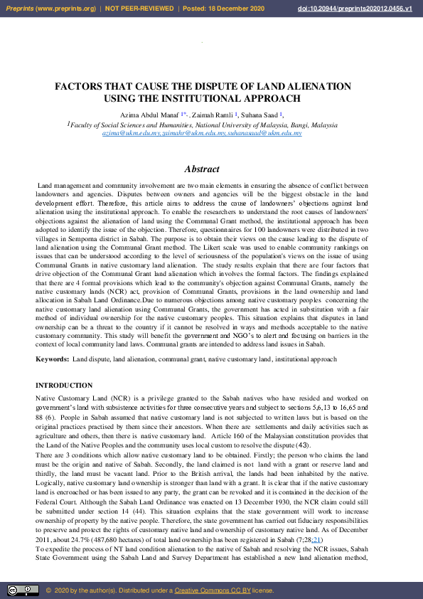 (PDF) Factors That Cause the Dispute of Land Alienation Using the ...