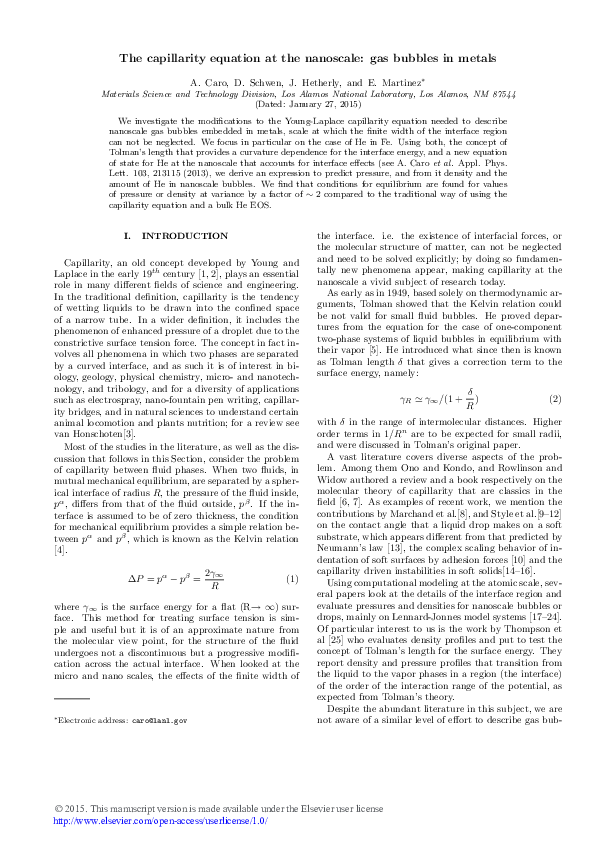 (PDF) The capillarity equation at the nanoscale: Gas bubbles in metals