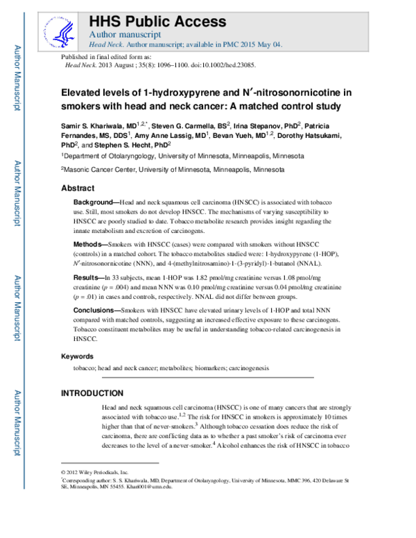 (PDF) Elevated levels of 1-hydroxypyrene and N′-nitrosonornicotine in ...