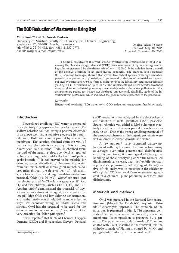 (PDF) The COD Reduction of Wastewater Using Oxyl