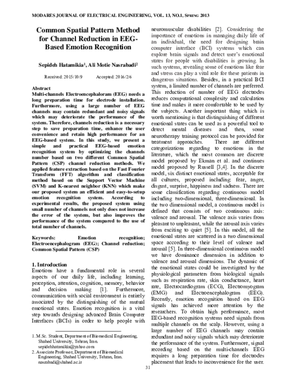 (PDF) Common Spatial Pattern Method for Channel Reduction in EEG-Based Emotion Recognition