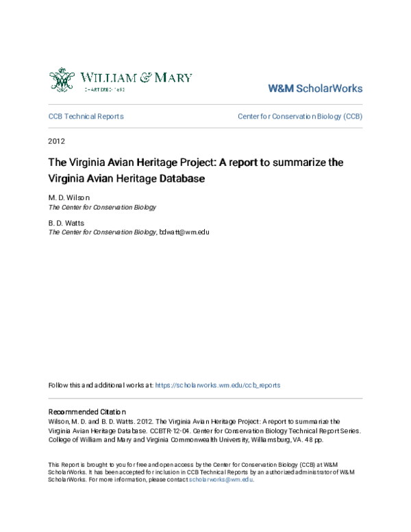 (PDF) The Virginia Avian Heritage Project: A report to summarize the ...