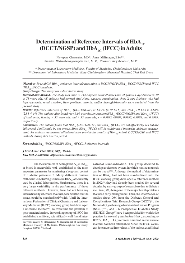 (PDF) Determination of reference intervals of HbA1C (DCCT/NGSP) and HbA1C (IFCC) in adults