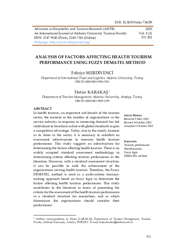 (PDF) Analysis of Factors Affecting Health Tourism Performance Using Fuzzy Dematel Method