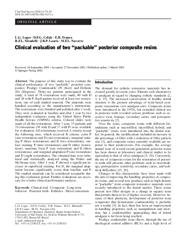 (PDF) Clinical evaluation of two "packable" posterior composite resins
